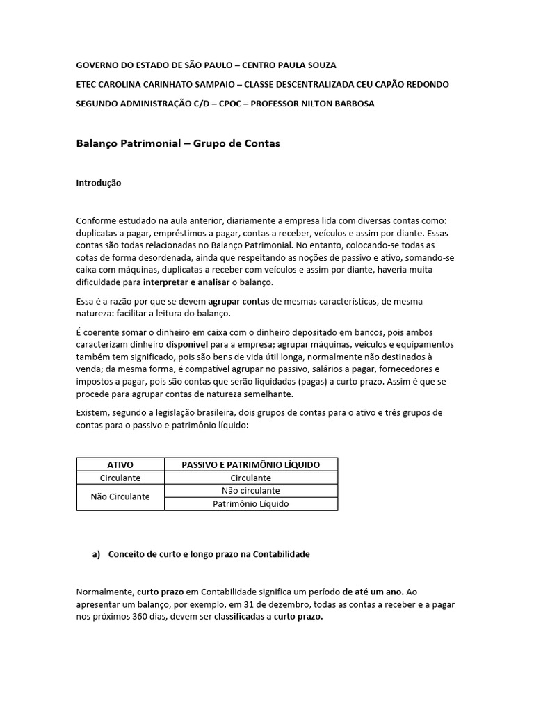 Balanço Patrimonial: Estrutura e Contas | PDF | Contabilidade | Depreciação