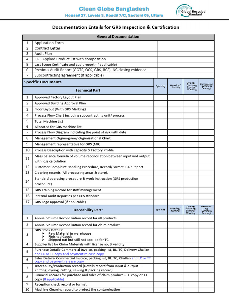 GRS Inspection Documentation Checklist | PDF | Waste Management | Textiles