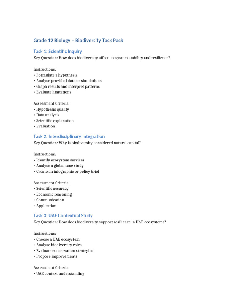 Grade 12 Biology: Biodiversity Tasks | PDF