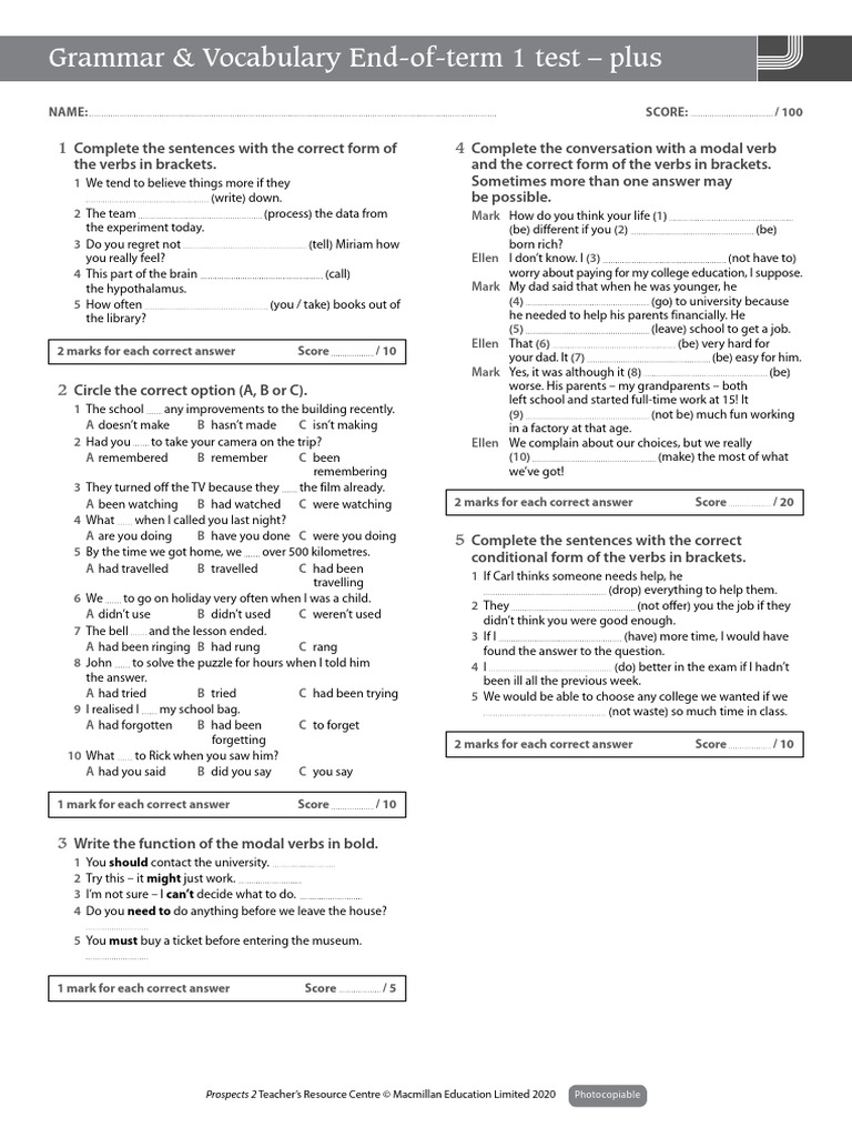 Grammar & Vocabulary Test for Prospects 2 | PDF | Creativity | Essays