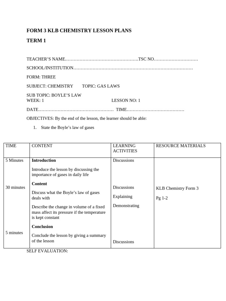 Form 3 Chemistry Gas Laws Lesson Plans | PDF | Gases | Mole (Unit)