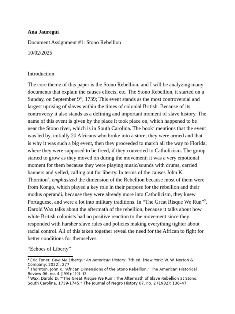Stono Rebellion Document Analysis | PDF | Slavery | European ...