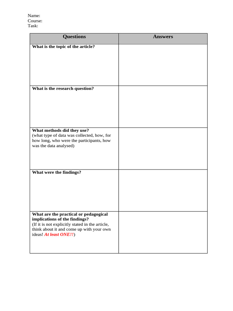 Handout for Research Articles | PDF
