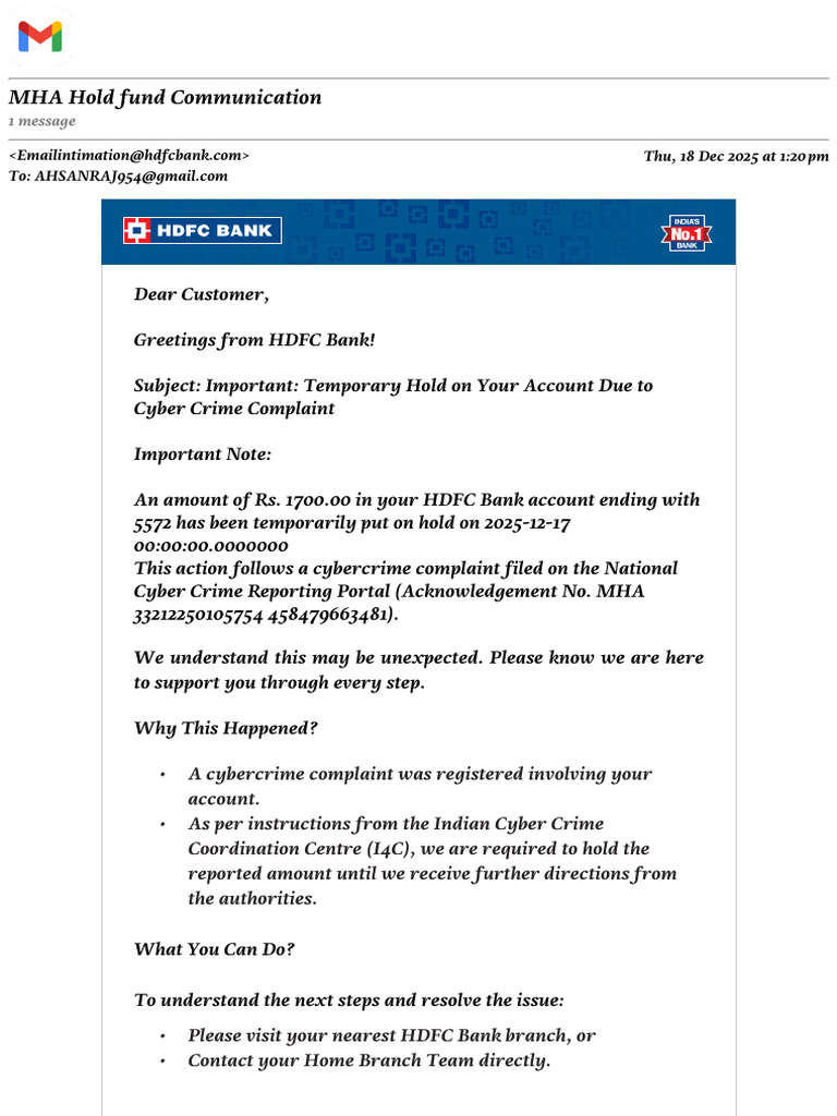 HDFC Bank Account Hold Notice | PDF