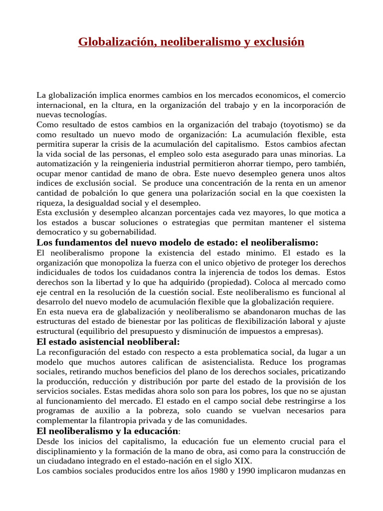 M3 T2 Globalización, Neoliberalismo y Exclusión | PDF | Neoliberalismo | Desempleo