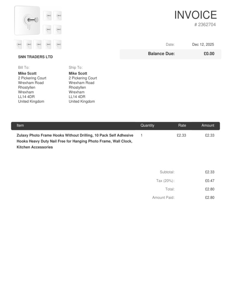 Invoice for Zulaxy Photo Frame Hooks | PDF