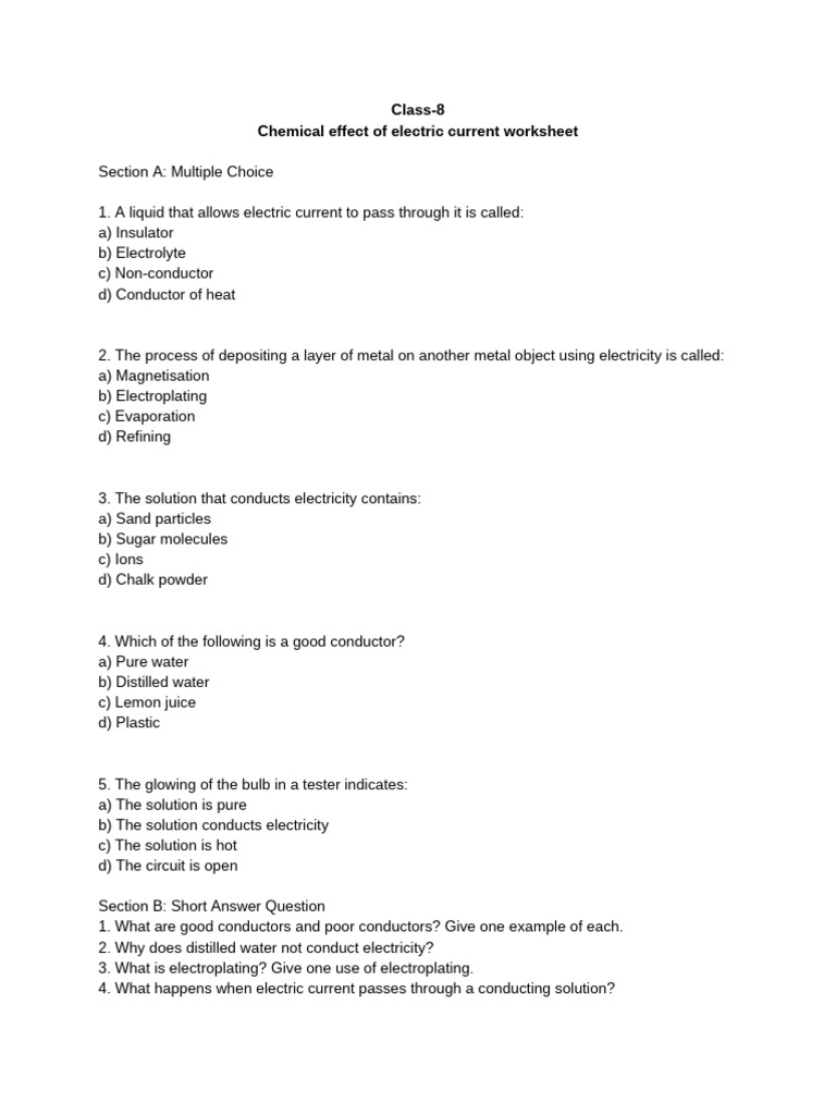 Class 8 Electric Current Effects Worksheet | PDF | Electric Current ...