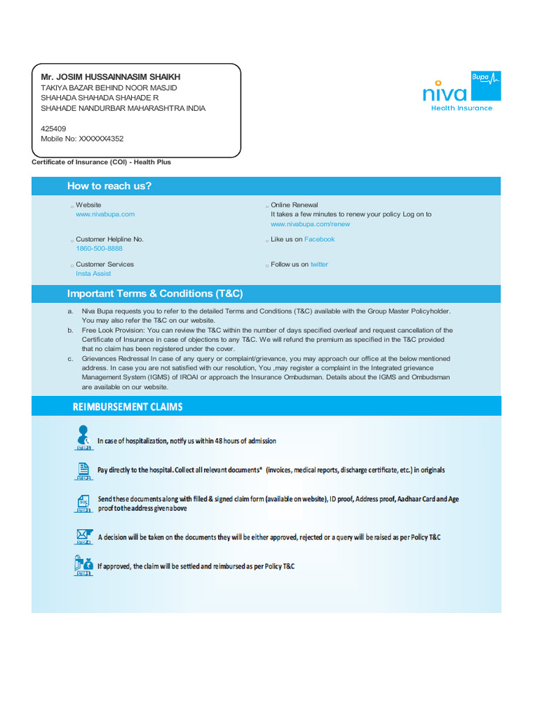 Niva Bupa Health Plus Insurance Certificate | PDF | Insurance | Taxes