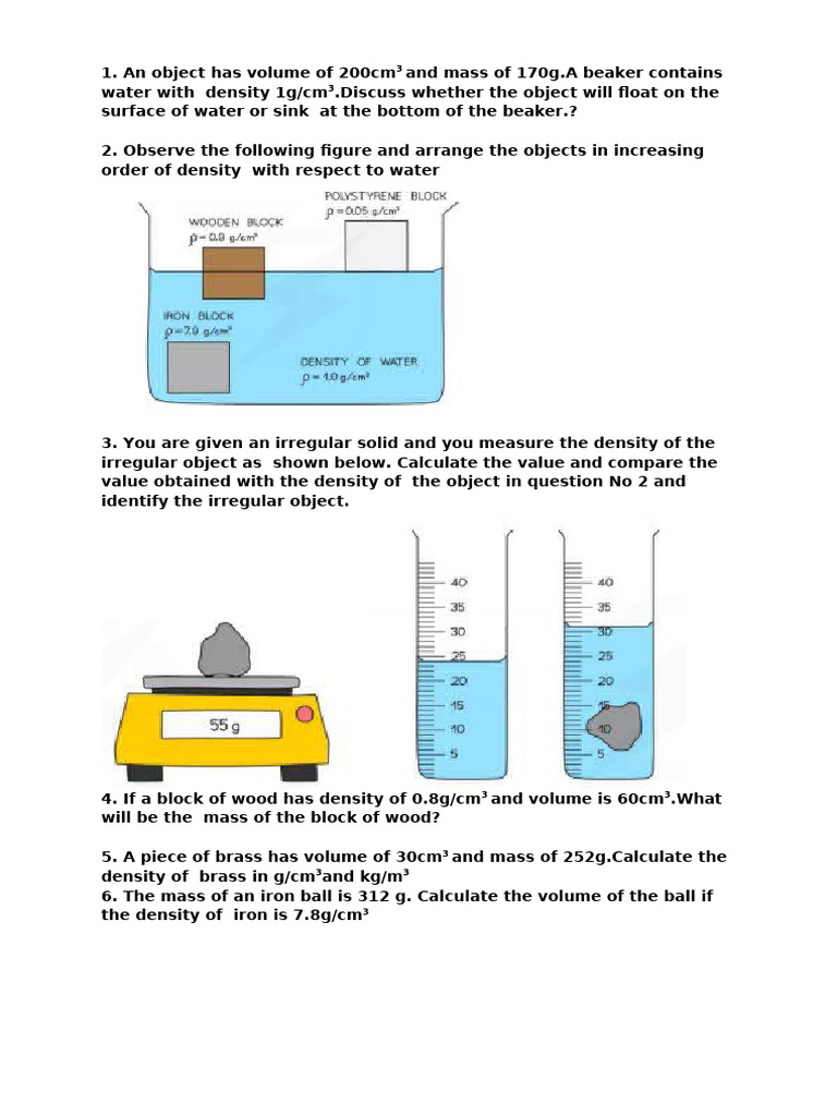 Density Numericals Worksheet-1 With Answer Key | PDF