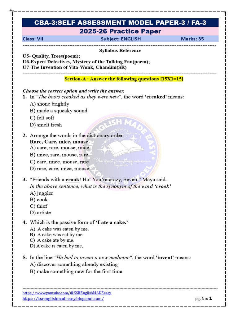 7th SAMP-3(FA-3) English CBA Model Practice Paper 2025-26 | PDF | Zoo ...