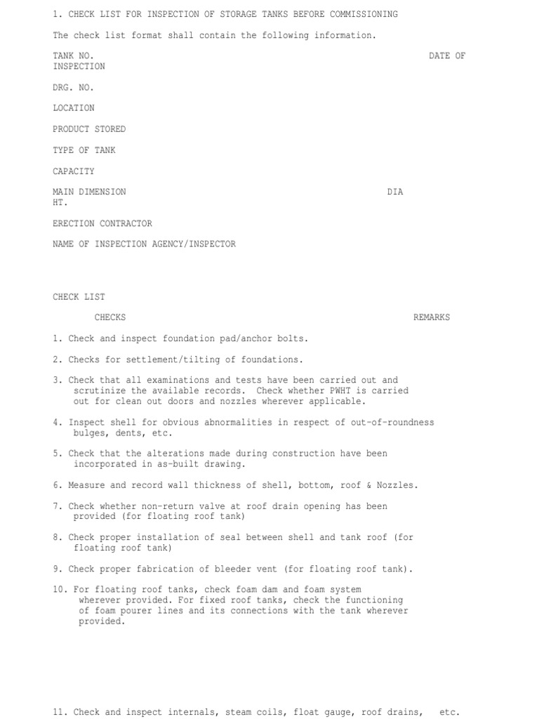 storage tank inspection check list