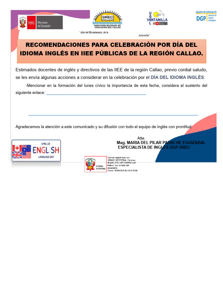 Acciones Por El Dia Del Idioma Ingles Comunicado Con Visto | PDF