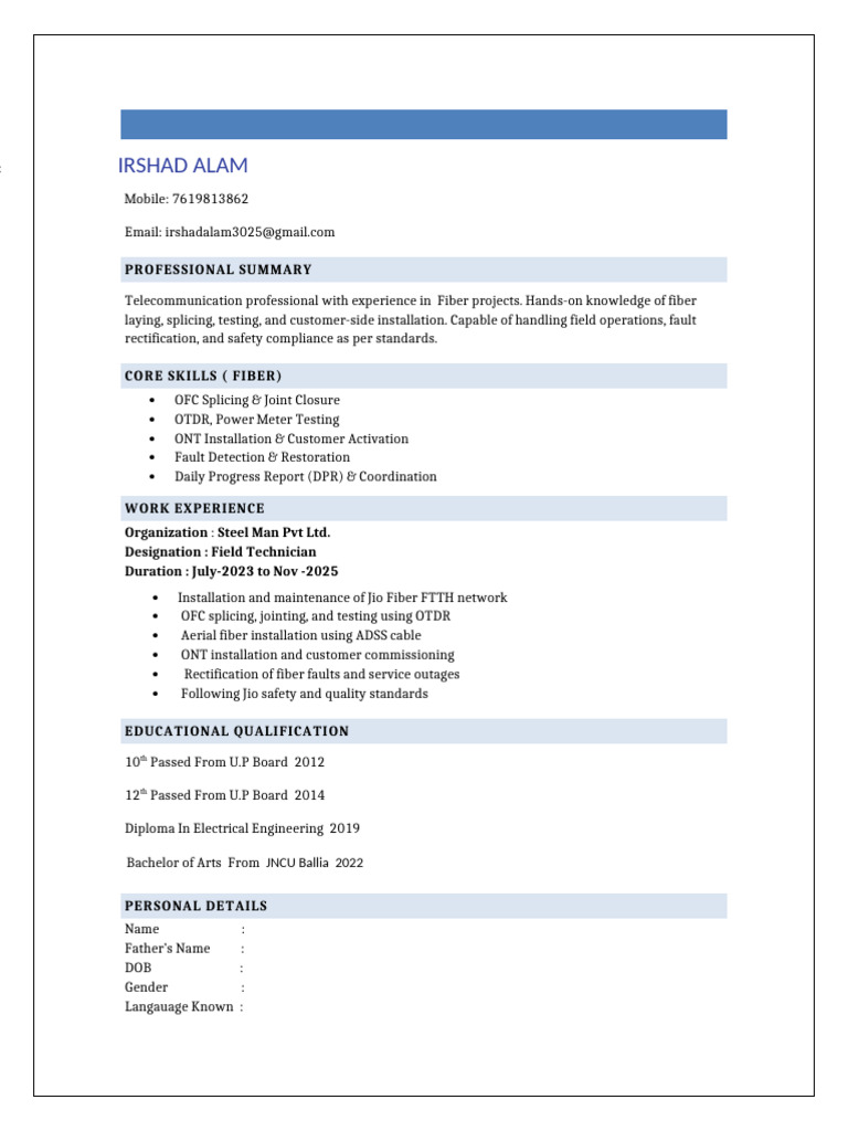 Fiber Technician Resume - Irshad Alam | PDF