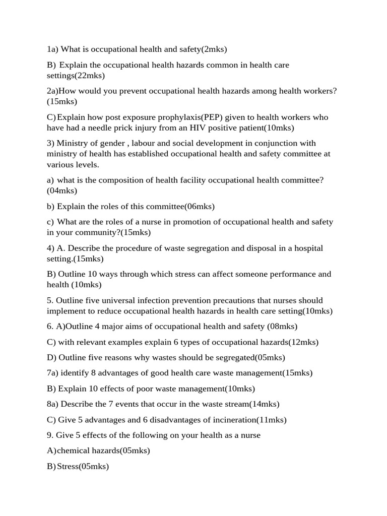 Occuaptional Health Unmeb Questions | PDF | Occupational Safety And ...