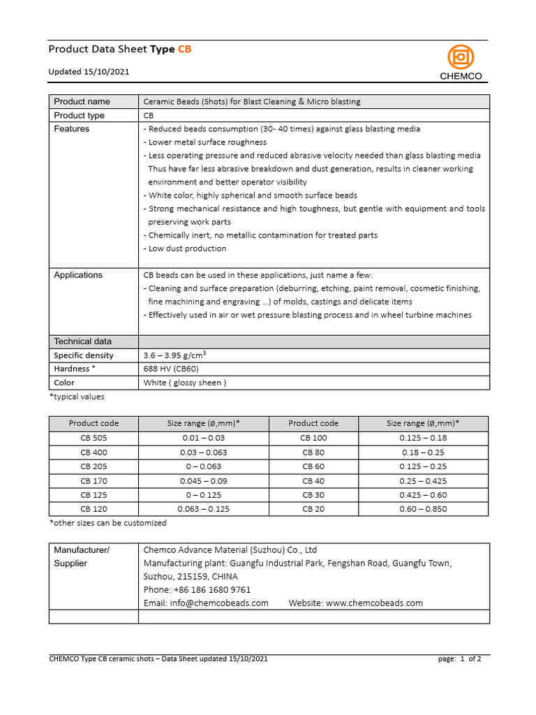 Chemco CB Ceramic Beads Data Sheet | PDF | Ceramics | Glasses