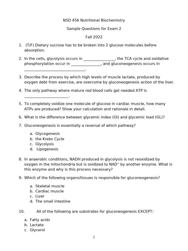 NSD 456 Exam 2 Sample Questions 2 2012(1)(1) | PDF | Glycolysis ...