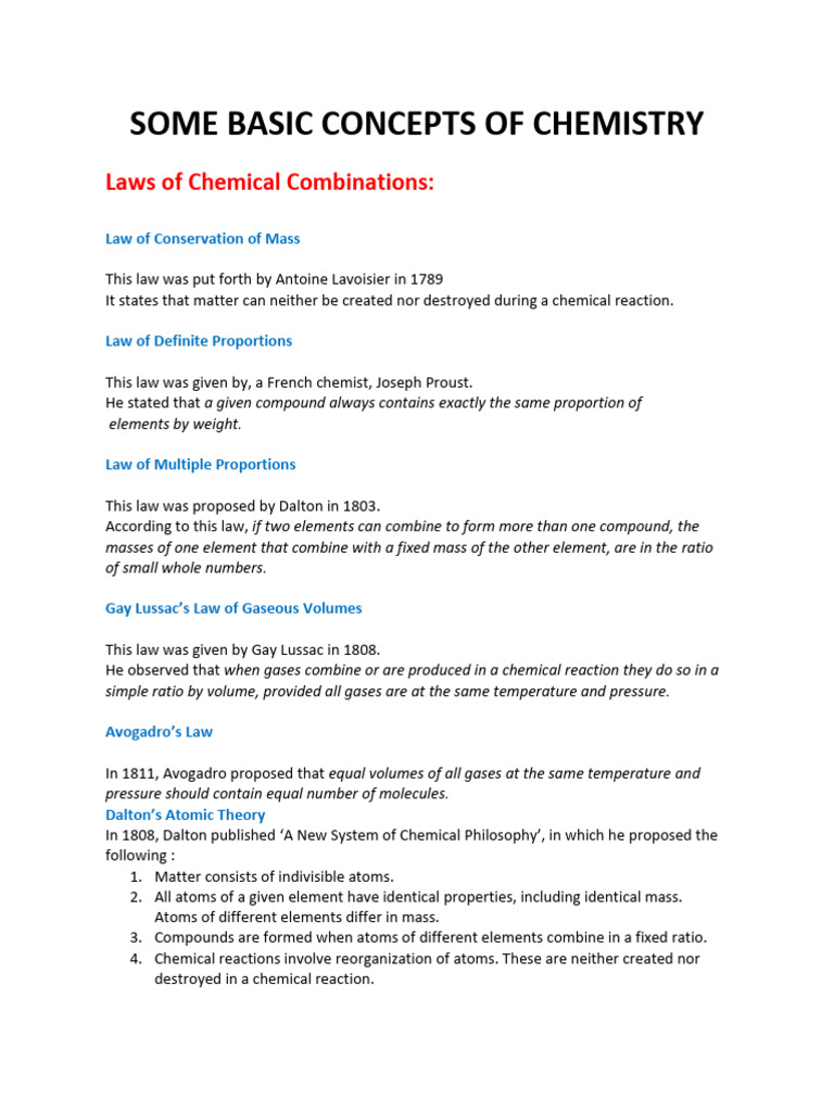 Some Basic Concepts of Chemistry Notes | PDF | Mole (Unit) | Stoichiometry