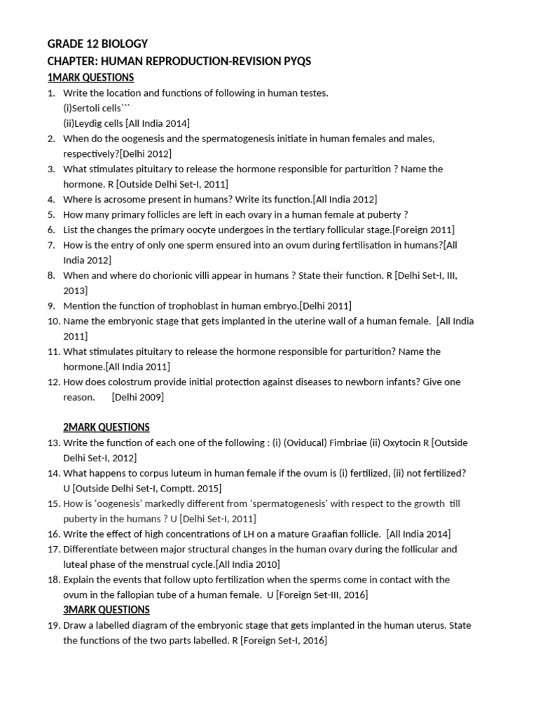 Human Reproduction Revision Questions | PDF | Menstrual Cycle | Animal ...