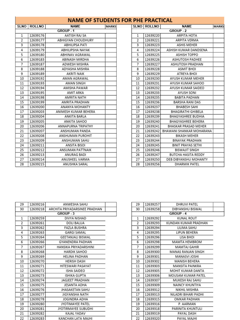 Student Marks List for PHE Practical | PDF