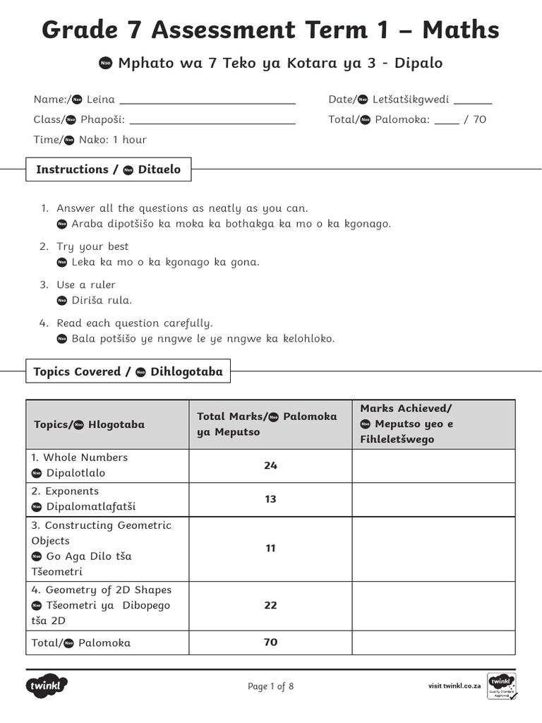 Za m 1758811651 Grade 7 Maths Term 1 Assessment Caps Aligned Sepedi Ver ...