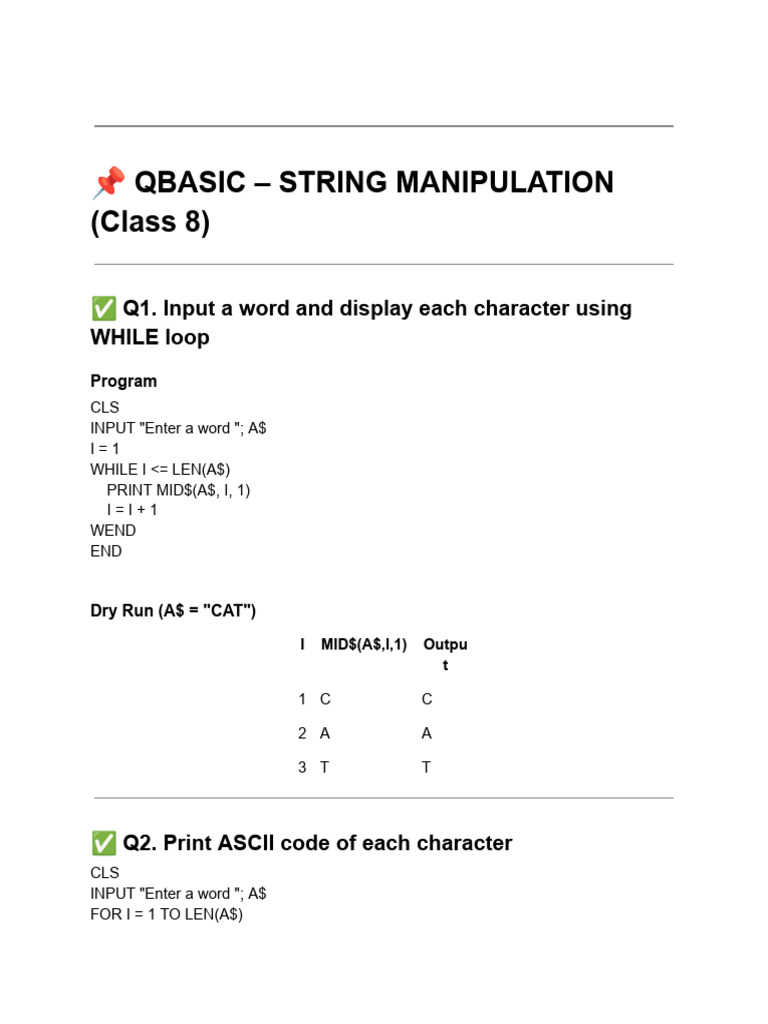 ? Qbasic – String Manipulation (Class 8) | PDF | Computer Programming ...