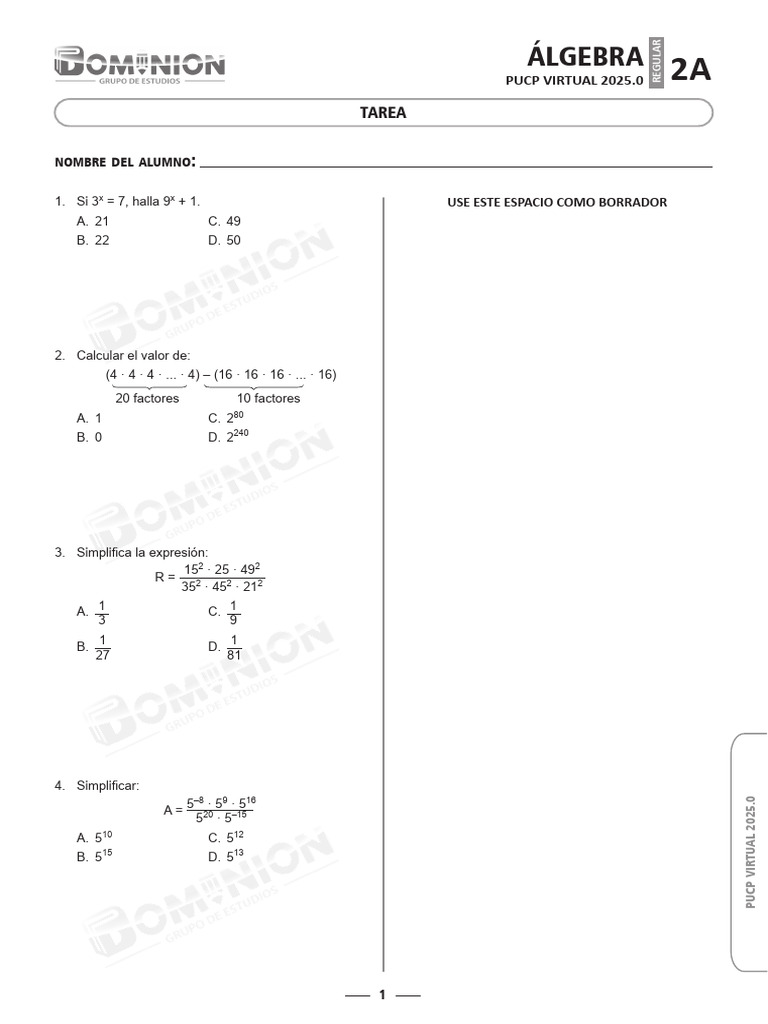 Álgebra_Regular 2A - Exponentes y Radicales_tarea | PDF