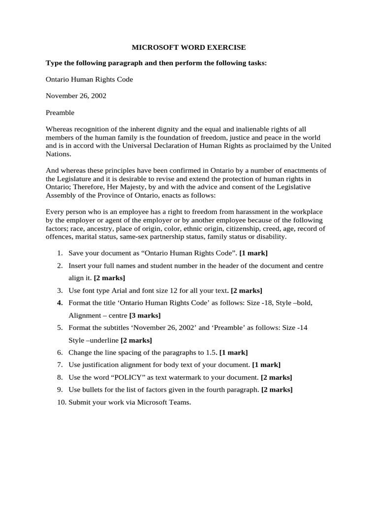 Microsoft Word Formatting Exercise Guide | PDF