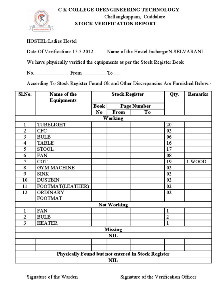 Stock Verification Ladies Hostel | PDF