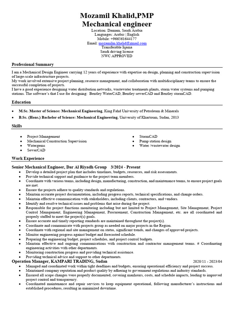 Mechanical Design Engineer Profile | PDF | Project Management | Saudi ...