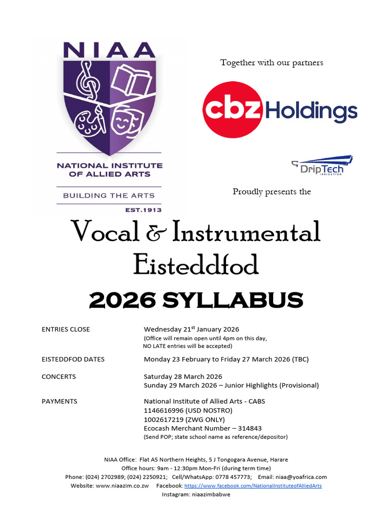 Vocal & Instrumental Eisteddfof 2026 - Syllabus | PDF | Choir | Songs
