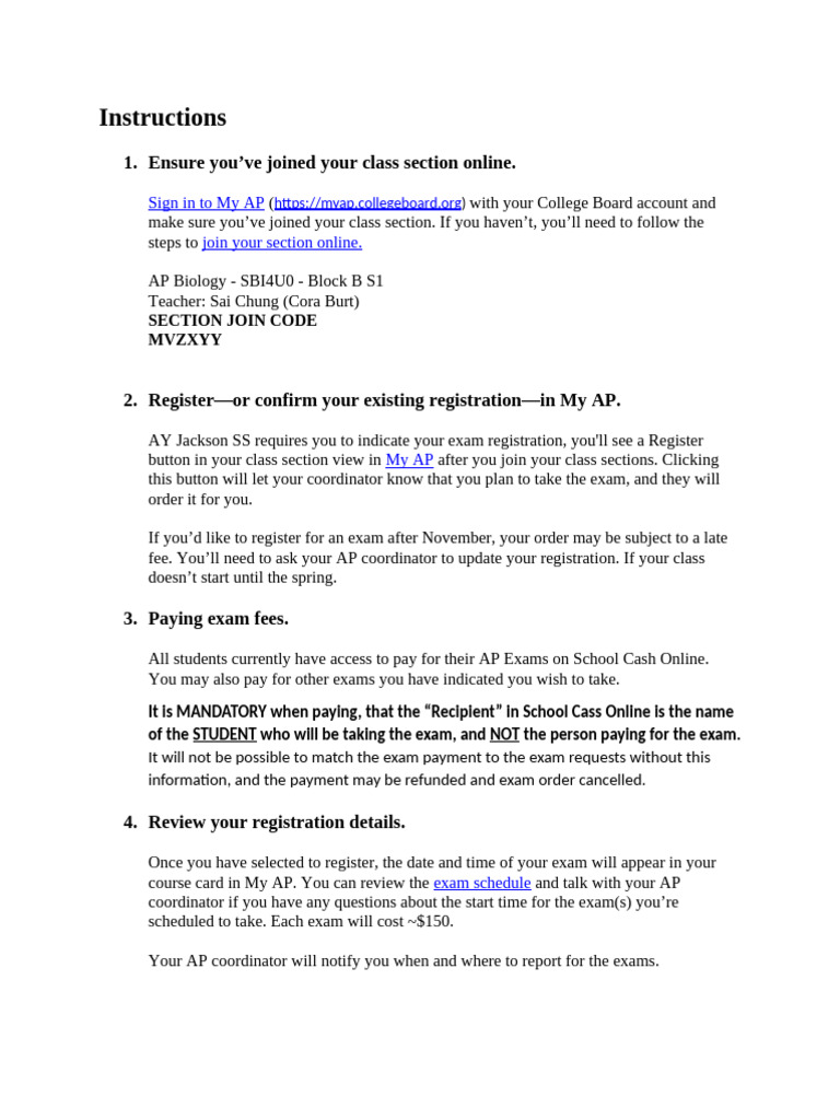 AP Exam Registration Instructions | PDF