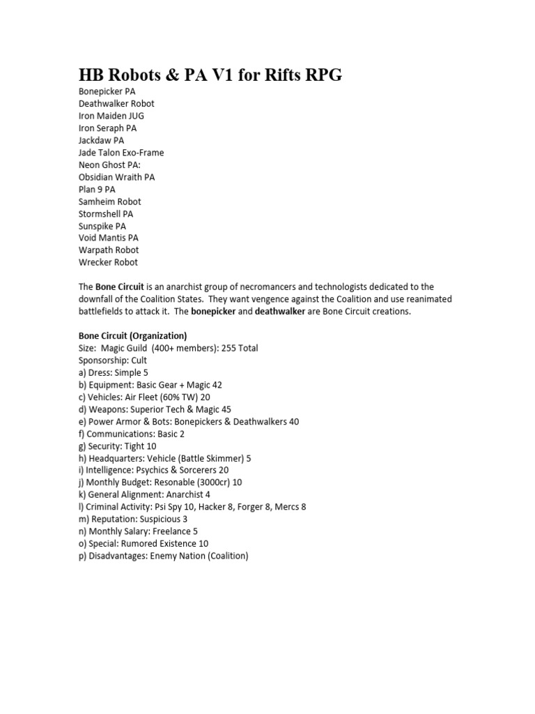 V1 Homebrew Robots & Power Armor for Rifts RPG | PDF | Armour