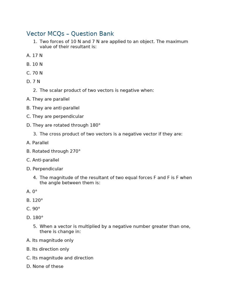 Vector Mcqs – Well Formatted Question Bank | PDF | Euclidean Vector ...