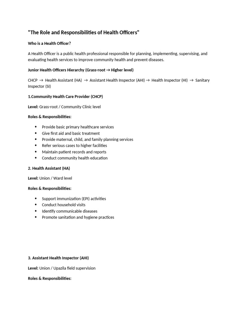 Health Officers: Roles & Responsibilities | PDF | Sanitation | Public ...