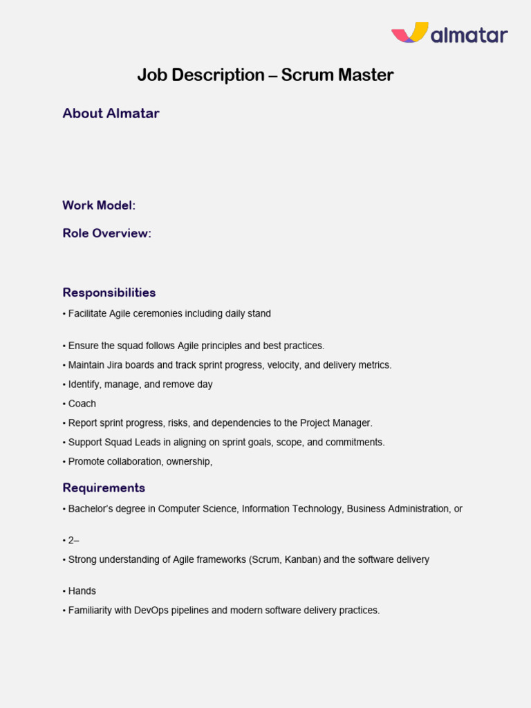 Scrum Master - Job Description - Almatar | PDF | Agile Software ...