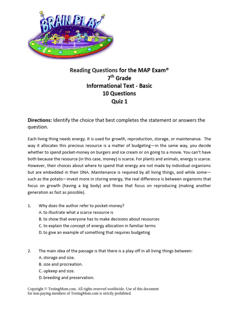 MAP 7th Grade - Reading - Informational Text - Basic Quiz 1 - Testing ...