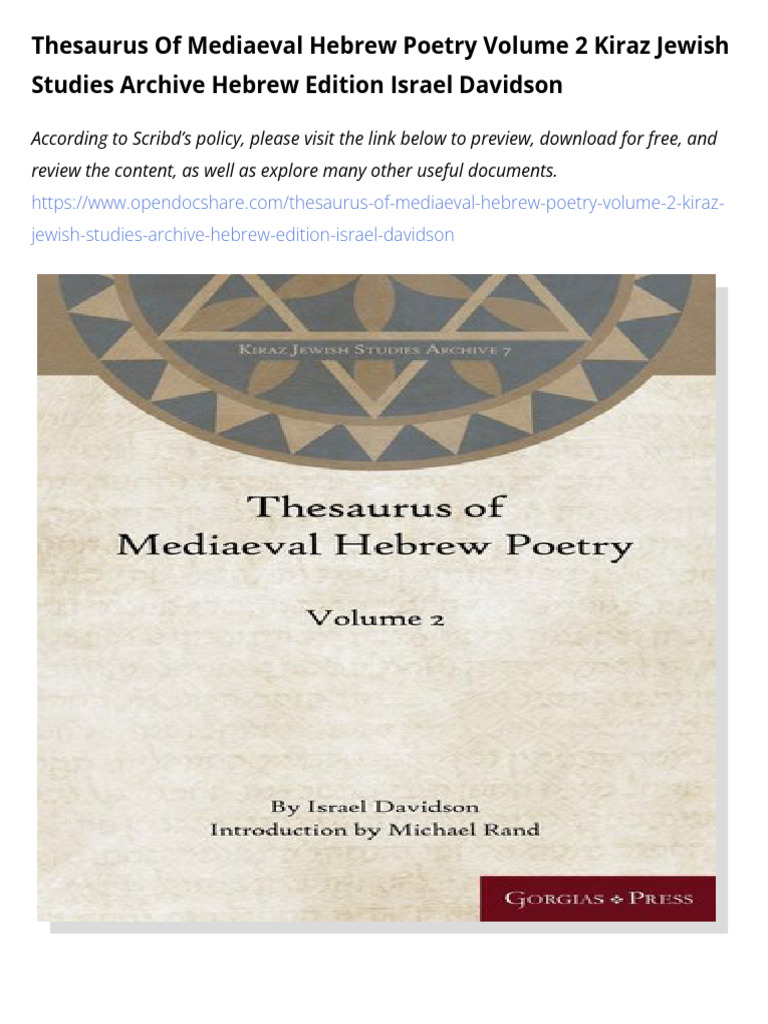 Thesaurus Of Mediaeval Hebrew Poetry Volume 2 Kiraz Jewish Studies ...