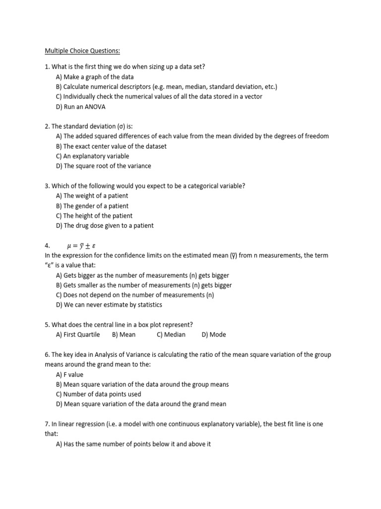 Data Analysis and Statistical Concepts Quiz | PDF | Regression Analysis ...