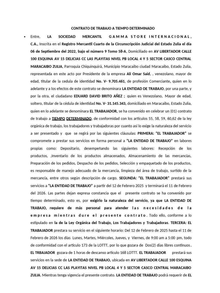 Contratos Eduard David Brito Añez, | PDF | Salario | Seguridad y salud ...