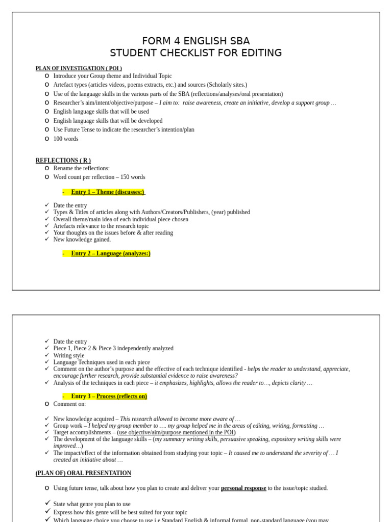 English SBA Editing Checklist Guide | PDF | Public Speaking | Writing