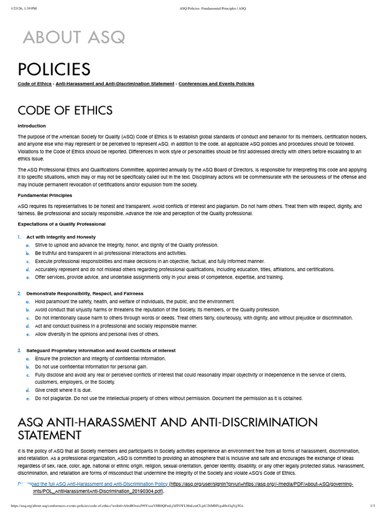 ASQ Code of Ethics and Policies | PDF | Discrimination | Harassment