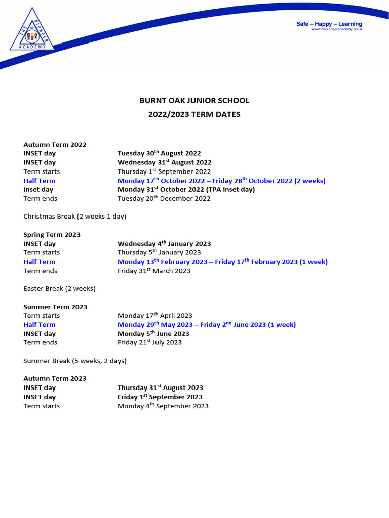 Burnt Oak Junior School Term Dates 2022-2023 | PDF