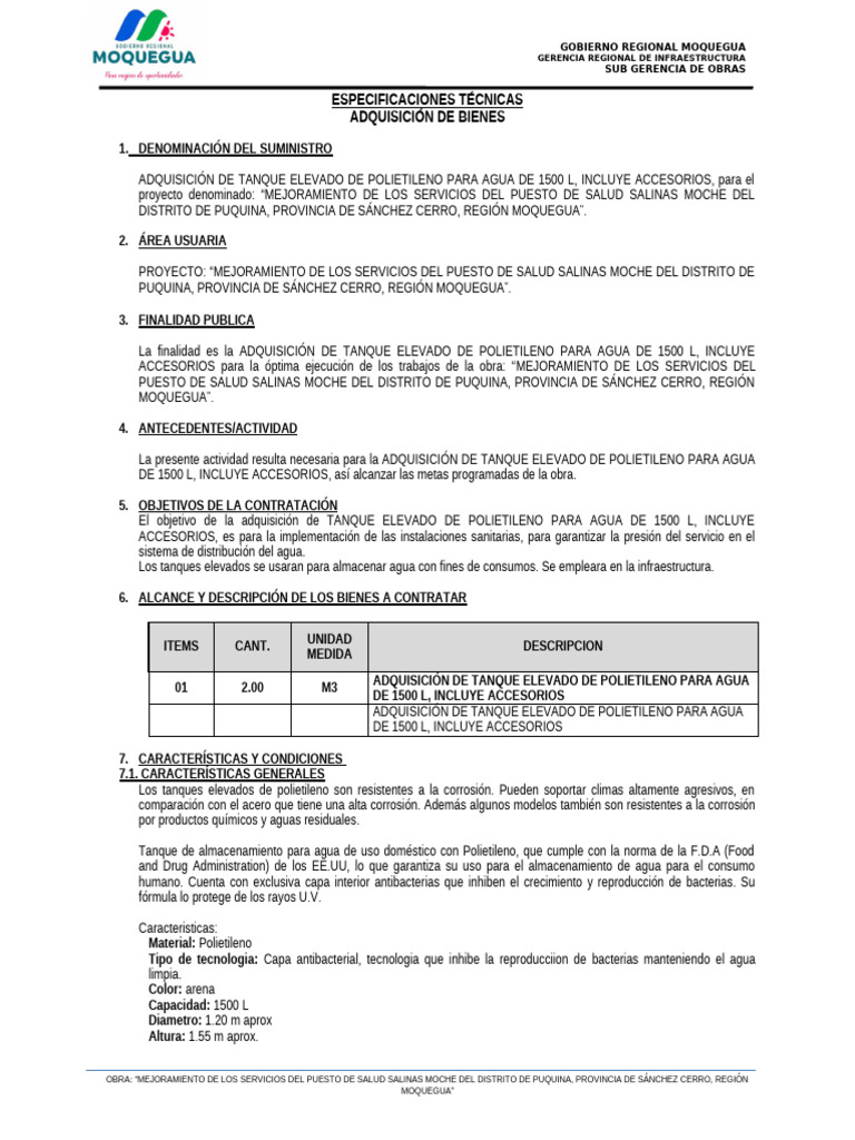 INFORME N° 085 ESPECIFICACIONES TECNICAS | PDF | Agua