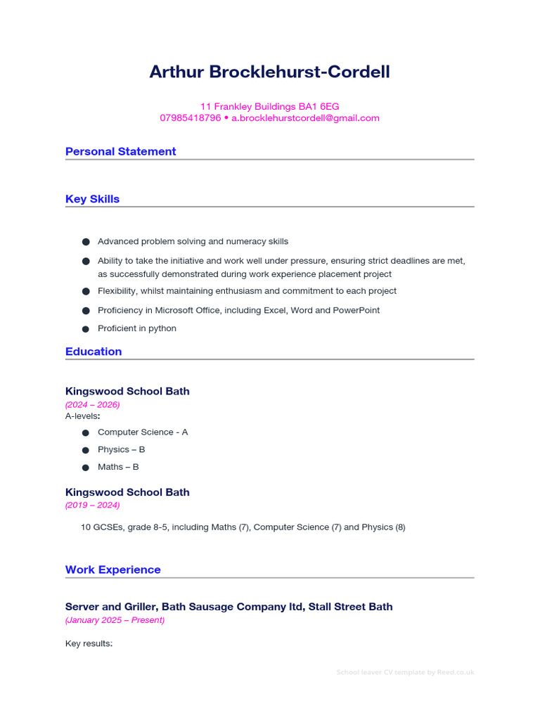 School Leaver Cv Template 1 | PDF