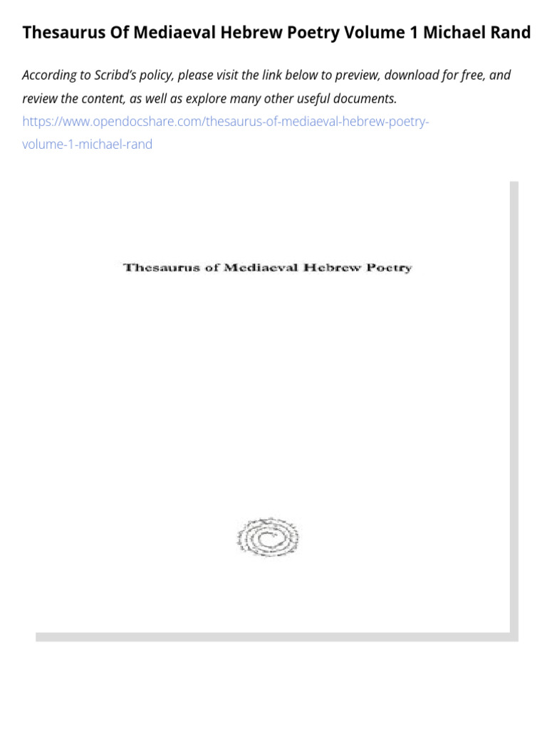 Thesaurus Of Mediaeval Hebrew Poetry Volume 1 Michael Rand | PDF | Jews ...