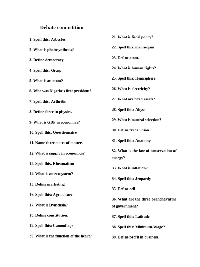 Debate Competition Questions | PDF