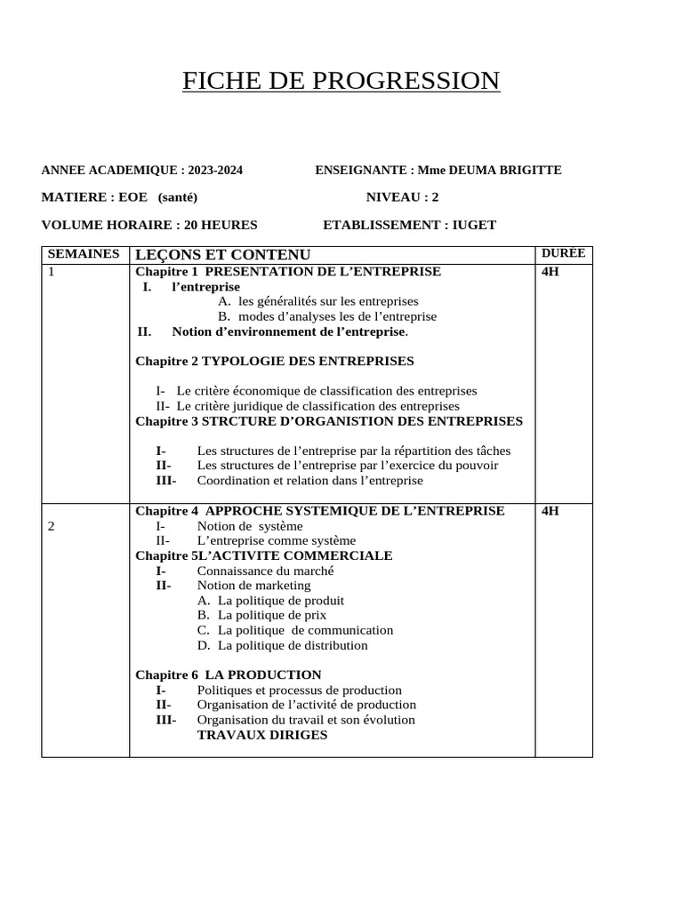 Fiche de progression EOE 2023-2024 | PDF | Business | Économie
