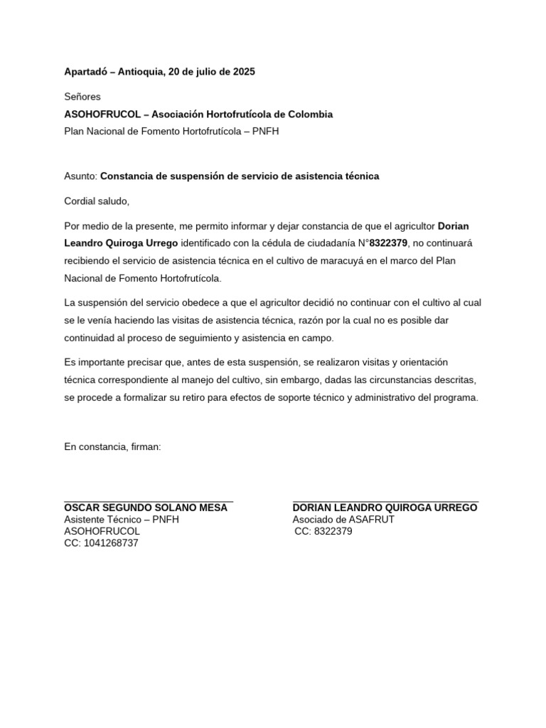 Carata Desistimiento Asistencia Técnica DORIAN QUIROGA | PDF