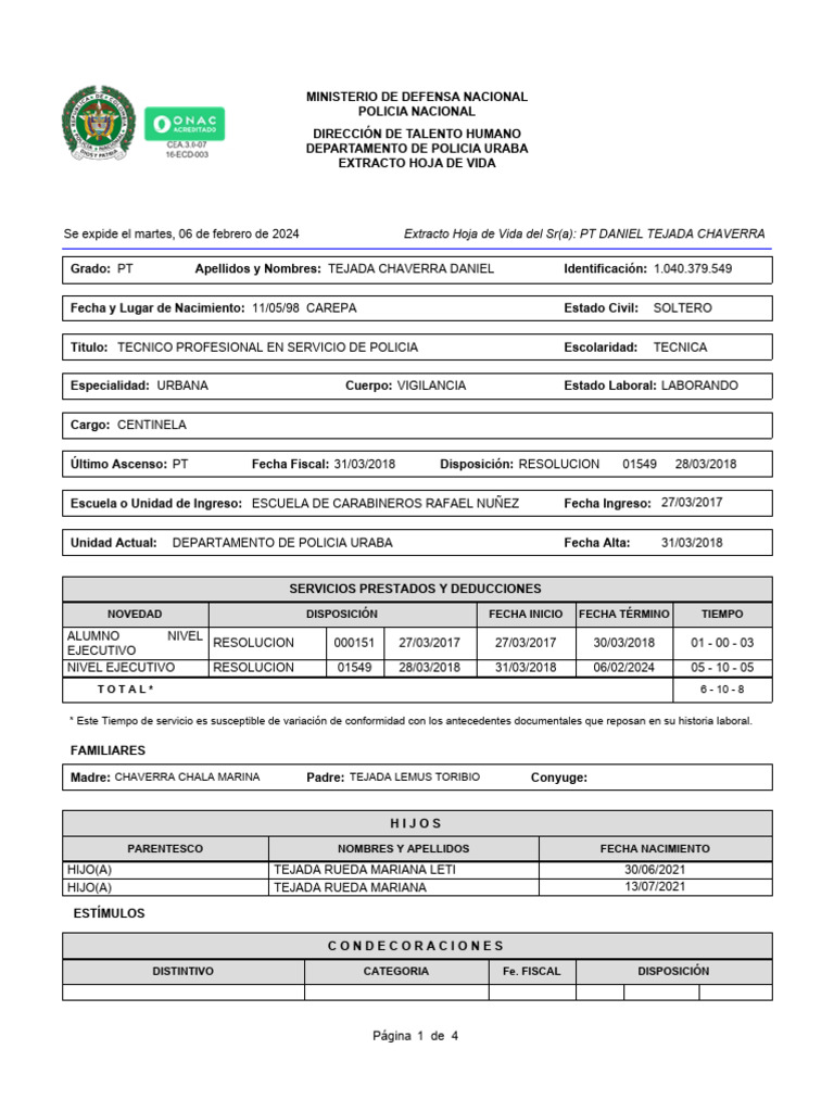 Extracto Hoja de Vida PT Daniel Tejada | PDF | Seguridad nacional | Valores