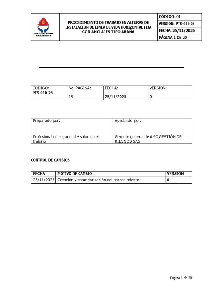 9.1 Procedimiento de Trabajo en Alturas de Instalacion de Linea de Vida ...
